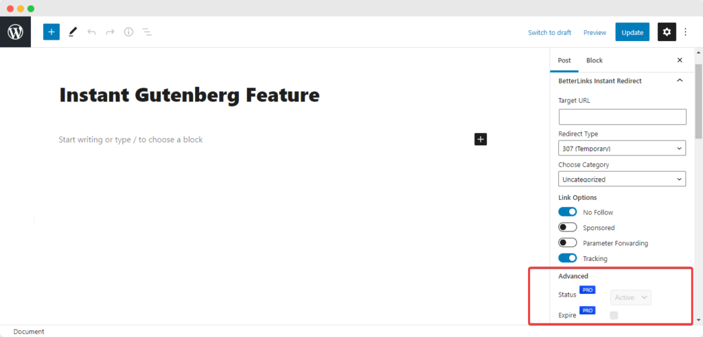 How To Use The Instant Redirect For Gutenberg Feature In BetterLinks?
